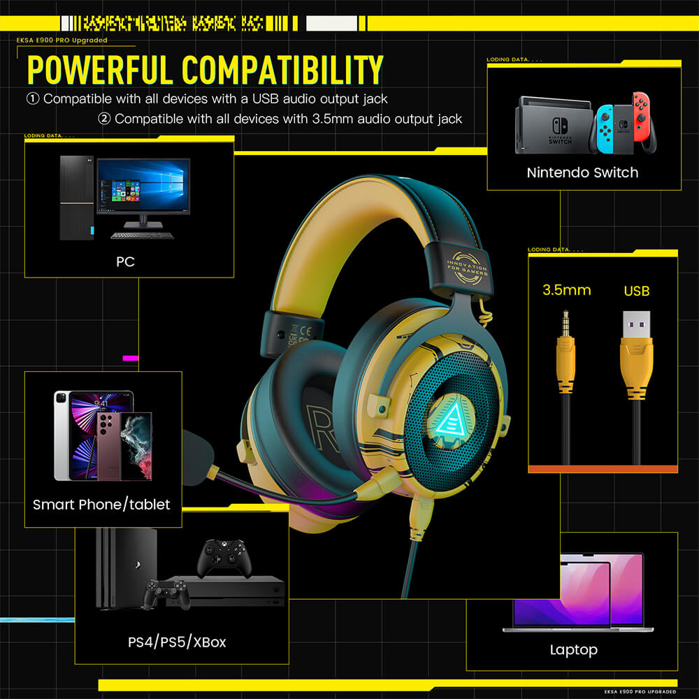 EKSA® E900 Pro 7.1 Virtual Surround Sound Yellow Gaming Headset (upgra